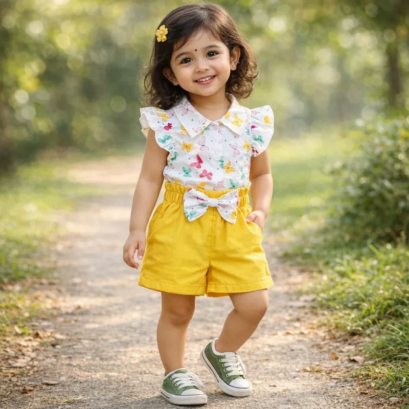 Girls Butterfly Print Top & Yellow Shorts Set | Summer Wear