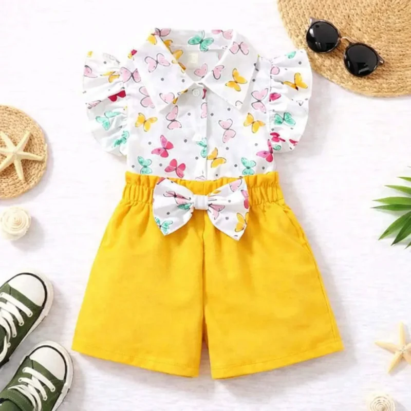 Girls Butterfly Print Top & Yellow Shorts Set | Summer Wear